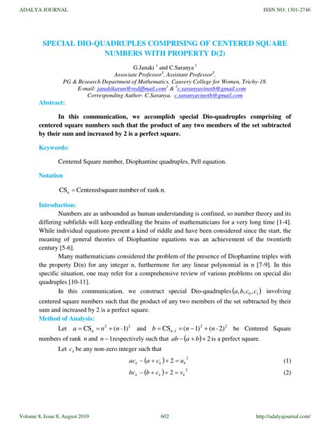 Pdf Special Dio Quadruples Comprising Of Centered Square Numbers With