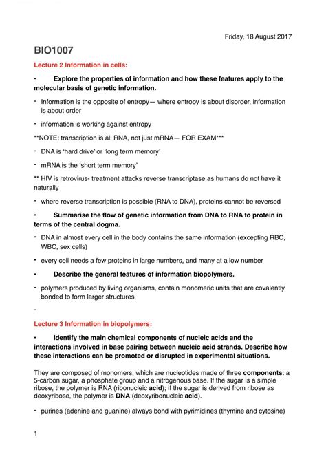 Biol1007 Study Notes Biol1007 From Molecules To Ecosystems Usyd