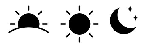 떠오르는 태양 초승달 및 별의 검은 실루엣 번들 낮과 밤 시간 픽토그램 모음 흰색 배경에 격리 된 디자인 요소 집합입니다 벡터 일러스트레이션 0명에 대한 스톡 벡터 아트 및