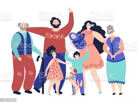 대가족 세대 만화 미소 부모와 아이들 행복한 조부모 엄마 소녀 소년 아기 캐릭터 부모 벡터 개념 다세대 가족에 대한 스톡 벡터 아트 및 기타 이미지 Istock