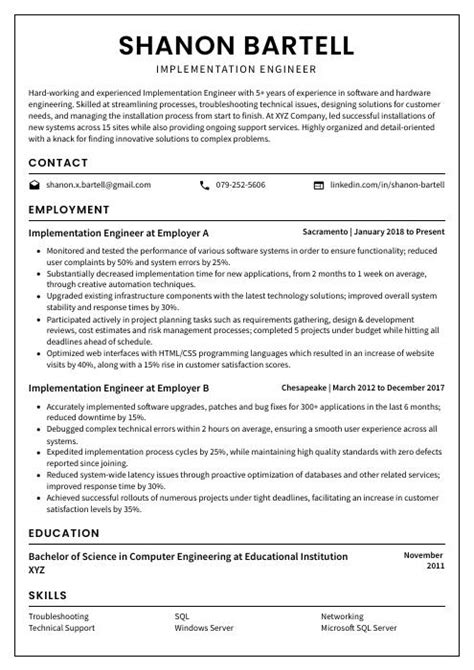 Implementation Engineer Resume CV Example And Writing Guide