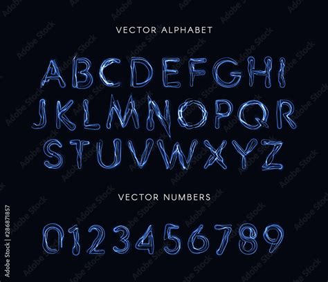 Blue Lightning Style Letters And Numbers Set Unusual Plasma Font