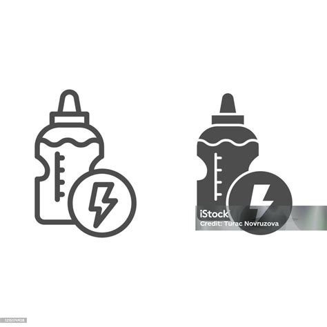 에너지 드링크 보틀 라인과 솔리드 아이콘 전원 액체 및 번개 기호 흰색 배경에 윤곽 스타일 그림 모바일 컨셉 및 웹 디자인에
