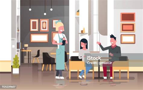 카페 테이블 서비스 개념 현대적인 레스토랑 인테리어 수평 평면 전체 길이 앉아 연인 커플 방문자에서 균일 복용 순서로 젊은 웨이터 웨이터에 대한 스톡 벡터 아트 및 기타