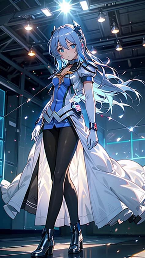 최고 품질，심포니설탕연한 파란색 머리짙은 파란색 눈헤어 장식긴 머리흰색 긴장갑연한 파란색 짧은 드레스 Seaart Ai