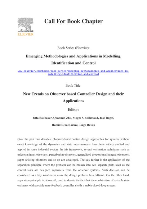 Pdf Call For Book Chapter Elsevier New Trends On Observer Based