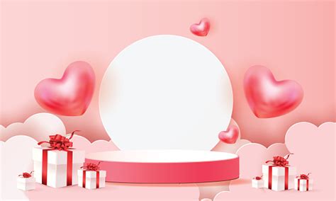 발렌타인 데이에 대한 3d 포디움 레드 제품 배경핑크와 하트 사랑 로맨스 컨셉 디자인 벡터 장식 배너 0명에 대한 스톡 벡터