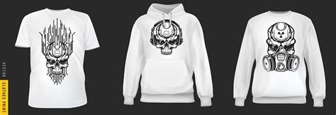 두개골 사이보그 프린트 심플한 배경에 고립된 사실적인 티셔츠 스웨트셔츠 후드 베이스 천을 설정합니다 남성 또는 여성 패션 브랜딩에 대한 모형 캐주얼 템플릿을 디자인합니다
