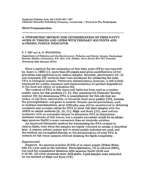 Pdf A Titrimetric Method For Determination Of Free Fatty Acids In Tissues And Lipids With