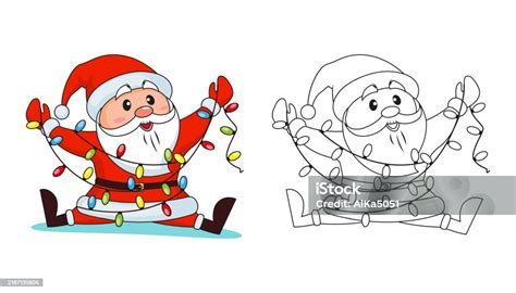 산타 클로스가 크리스마스 조명에 얽혔습니다 즐거운 성탄절 보내시고 새해 복 많이 받으세요 색칠 공부에 대한 흑백 그림과 컬러 예 12월에 대한 스톡 벡터 아트 및 기타