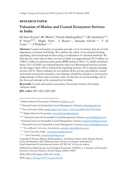 Pdf Valuation Of Marine And Coastal Ecosystem Services In India