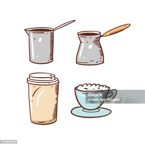 커피 포트 종이 컵 블루 컵 손으로 그린 스케치 라인 아트 스타일 벡터 그림입니다 우유에 대한 스톡 벡터 아트 및 기타 이미지
