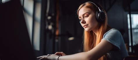 Premium Ai Image A Woman Sits At A Desk With A Computer And Wearing Headphones