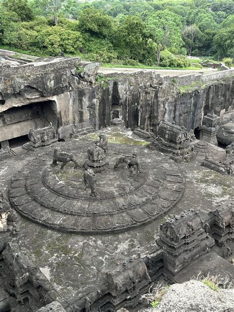 Ellora Cave 16 Circular Platform With Lion Guardian Sculptures Stock