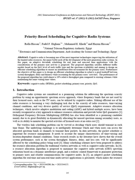 Priority Based Scheduling For Cognitive Radio Pdf Cognitive Radio Computer Network