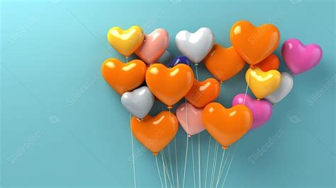 무료 3d로 표시된 주황색 벽에 다채로운 하트 모양의 풍선 배열을 갖춘 가로 배너 Ppt 배경 Slidesdocs
