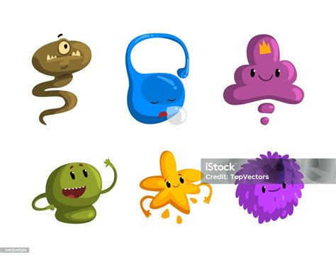 웃는 얼굴과 펑키 모양 벡터 세트귀여운 만화 괴물 개체 그룹에 대한 스톡 벡터 아트 및 기타 이미지 개체 그룹 경외감 귀여운 Istock