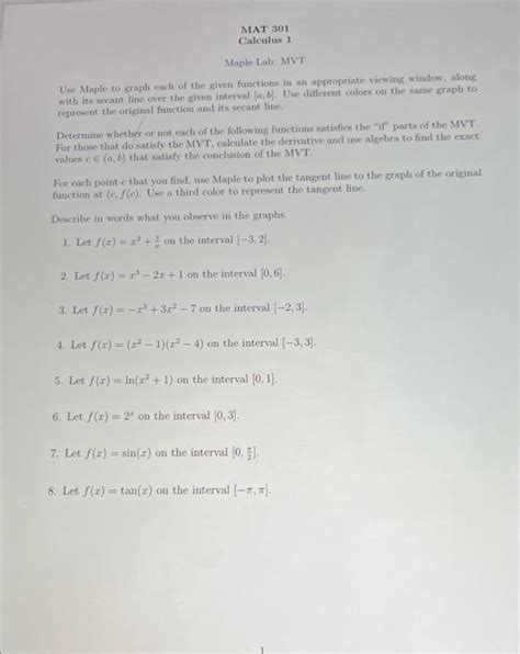 solved mat 301 calculus 1 maple lab mvt use maple to graph