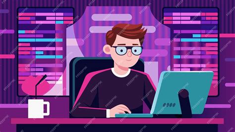 Premium Vector A Cartoon Man With Glasses On A Computer And A Monitor With A Purple Background