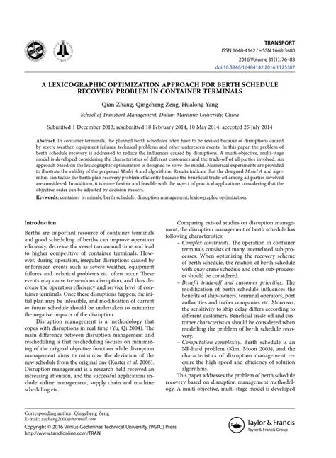 Pdf A Lexicographic Optimization Approach For Berth Schedule Recovery Problem In Container