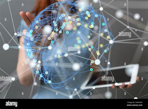 A 3d Rendering Of A Woman Pointing To A Floating Globe Of Neural