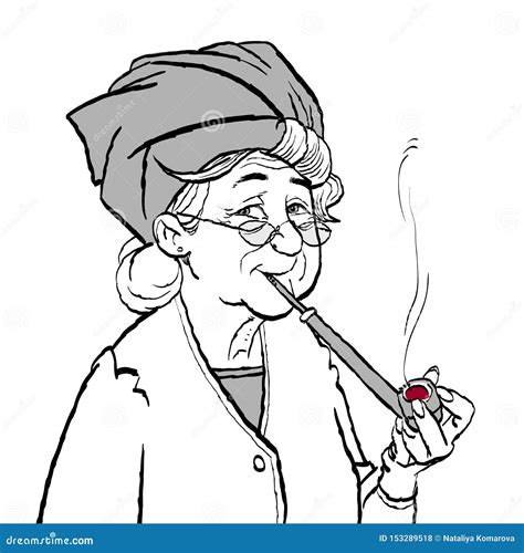 Grandmother Smokes Tobacco Pipe Grandma Smoking Pipe Stock Vector