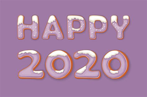라일락 배경에 만화 스타일의 진저 브레드 쿠키 문자와 새해 복 야 2020 벡터 일러스트 눈 생강 쿠키의 형태로 편지 크리스마스 장식 요소입니다 12월에 대한 스톡 벡터