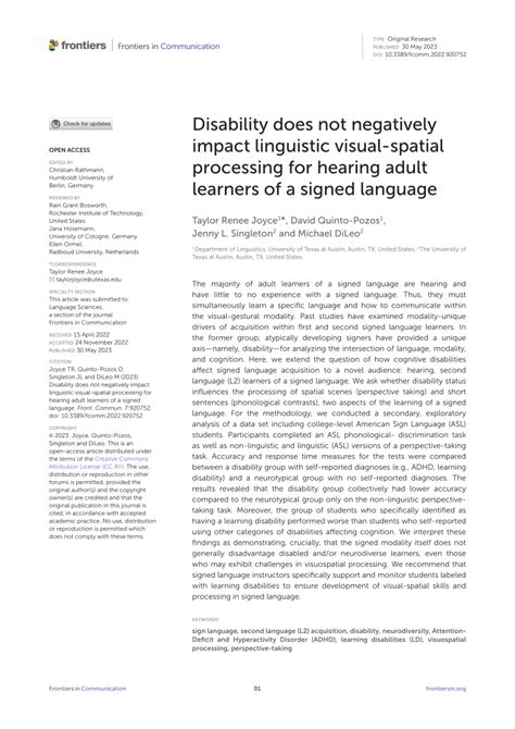 Pdf Disability Does Not Negatively Impact Linguistic Visual Spatial Processing For Hearing