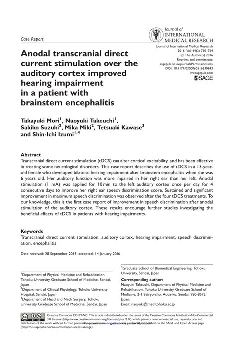 Pdf Anodal Transcranial Direct Current Stimulation Over The Auditory Cortex Improved Hearing
