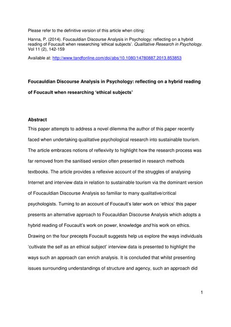 Pdf Foucauldian Discourse Analysis In Psychology Reflecting On A