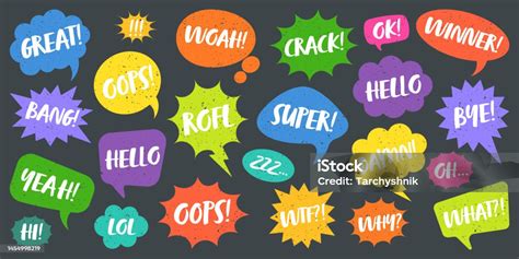 필기 텍스트와 다채로운 그런지 만화 연설 거품 손으로 그린 복고풍 만화 스티커 채팅 메시지 상자 벡터 일러스트레이션 전쟁 포로에 대한 스톡 벡터 아트 및 기타 이미지