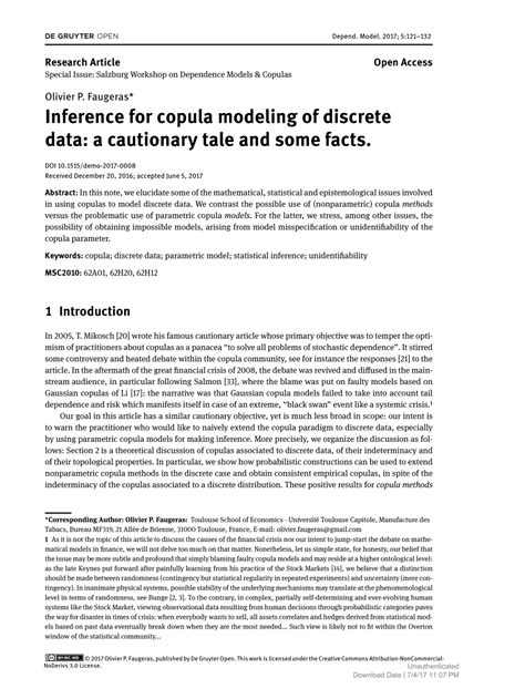 Pdf Inference For Copula Modeling Of Discrete Data A Cautionary Tale And Some Facts