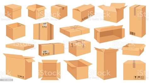 골판지 상자 만화 갈색 판지 패키지 깨지기 쉬운 표지판이 있는 개방형 배달 사각형 상자를 엽니다 벡터 배송 및 패킹 세트 상자에 대한 스톡 벡터 아트 및 기타 이미지