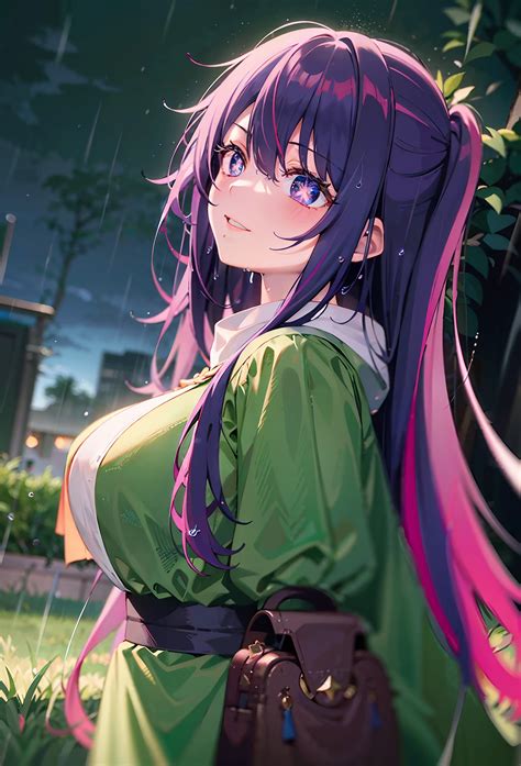 한 소녀（（눈에는 다섯개의 별이 있습니다））보라색 긴 머리를 가진 소녀，매우 큰 비，빗속에서，넓은 잔디밭，흠뻑 젖다 Seaart Ai