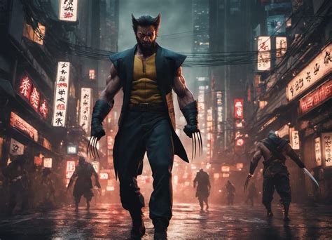 Portrait Of Wolverine Fighting Ninjas In Tokyo At Night Ai Generated