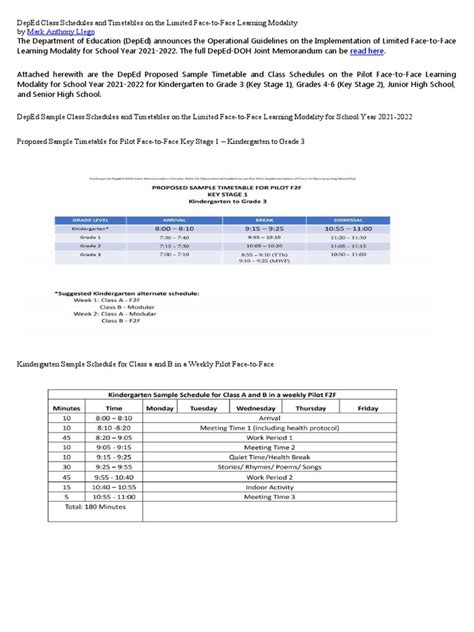 Deped Class Schedules For Face To Face Learning Pdf Personal