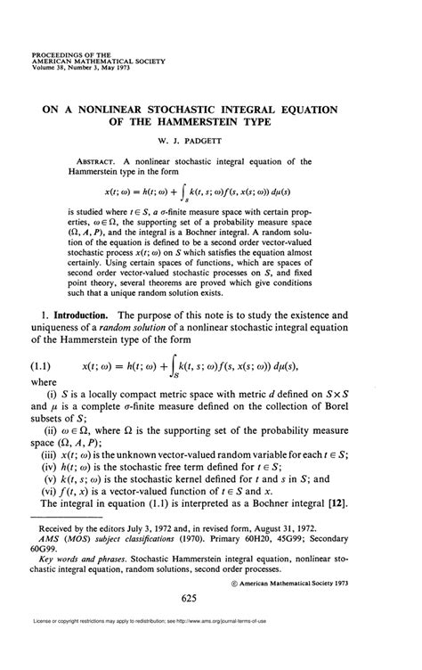 Pdf On A Nonlinear Stochastic Integral Equation Of The Hammerstein Type