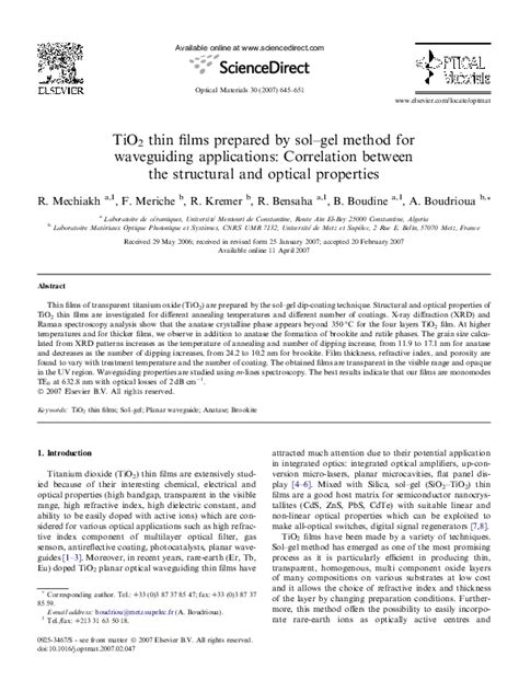 Pdf Tio2 Thin Films Prepared By Sol Gel Method For Waveguiding Applications