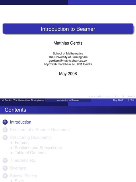 introduction to beamer matthias gerdts pdf table of contents