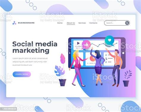 방문 페이지 템플릿 사무실 사람 캐릭터와 소셜 미디어 마케팅 개념 부동산 사무실에 대한 스톡 벡터 아트 및 기타 이미지 부동산 사무실 랜딩 페이지 매스컴 Istock