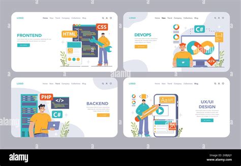 Software Development Web Banner Or Landing Page Set Coding Back End And Front End Engineering