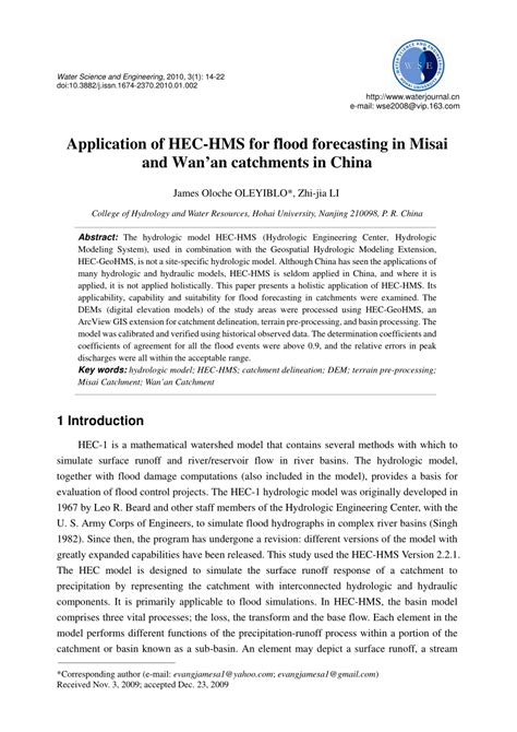Pdf Application Of Hec Hms For Flood Forecasting In Misai And Wanan Catchments In China