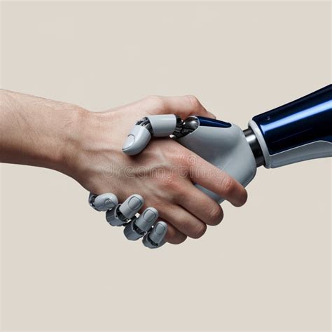 Human And Robotic Hands Shaking Natural Skin Versus Metallic Silver And Blue Stock