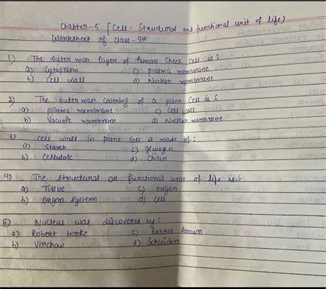 Chabter 5 [cell Structural And Functional Unit Of Life Whorkshect Of Cla