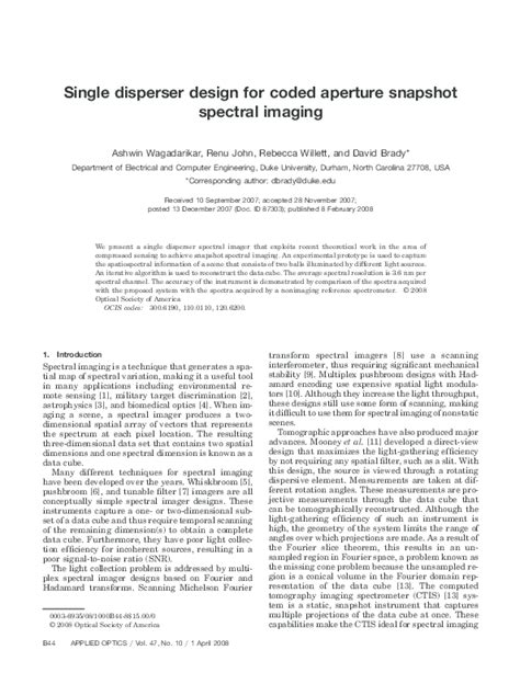 Pdf Single Disperser Design For Coded Aperture Snapshot Spectral Imaging