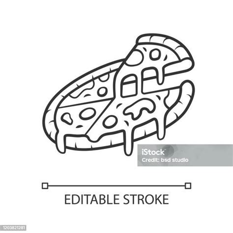 슬라이스 피자 선형 아이콘입니다 피자 레스토랑 카페 메뉴 전통 이탈리아 음식 패스트 푸드 배달 가는 선 그림입니다 등고선 기호입니다 벡터 절연 윤곽선 도면 편집 가능한