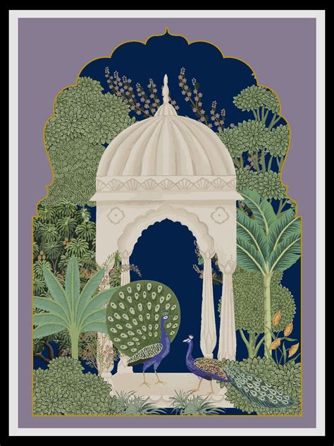 Traditional Mughal Motif Frame Arch Peacock Flower Tropical Tree