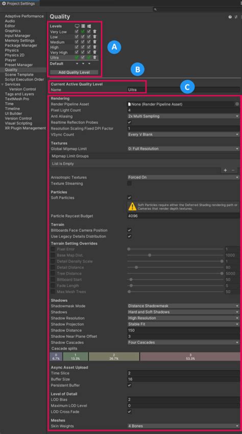 Unity Manual Quality Settings Tab Reference