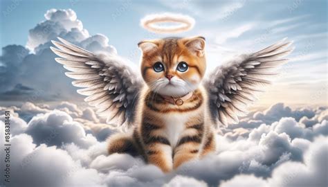 Angelic Kitten In Heaven A Cute Kitten With Wings And A Halo Sits Peacefully On Fluffy Clouds