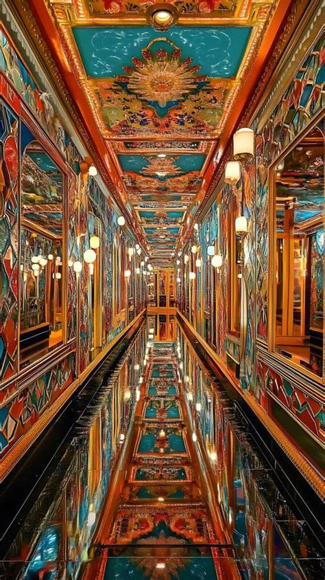Ornate Hallway With Mosaic Tile And Reflected Ceiling Stock